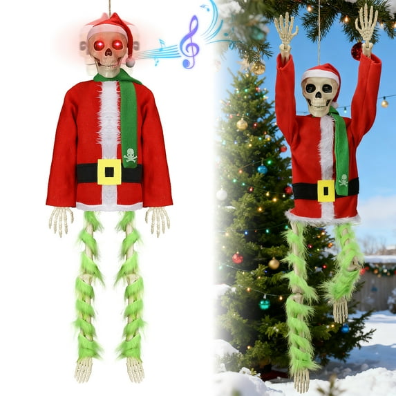 4FT Christmas Skeleton Statue Giant Hanging Santa Skeleton with Outfit ...