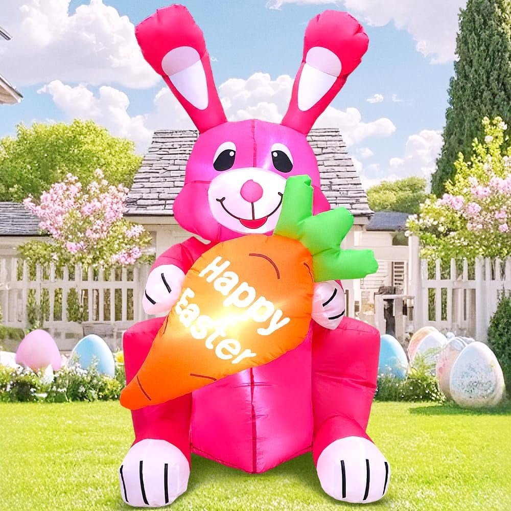 4FT Easter Inflatables Outdoor Decoration Inflatable Pink Bunny with ...