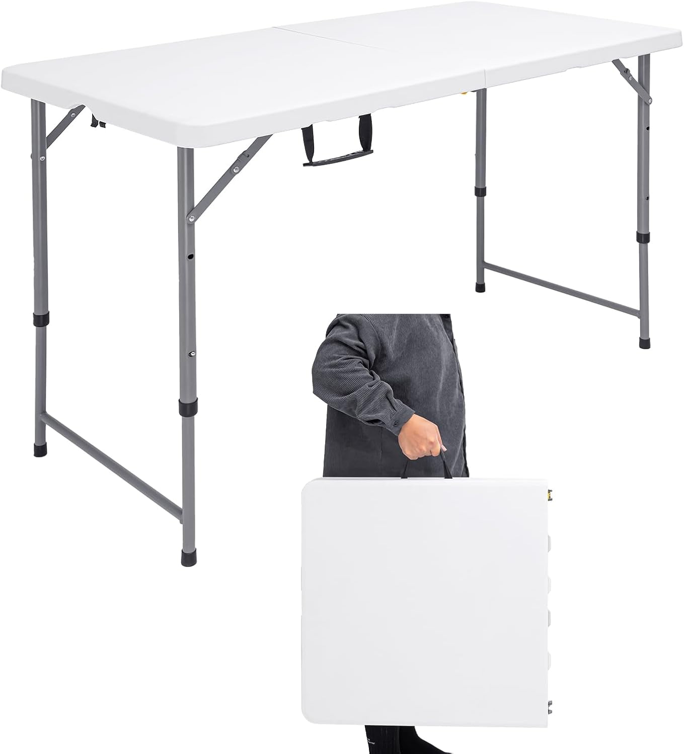 4FT Folding Table Adjustable Height, Folding Card Table 4 Foot Portable ...