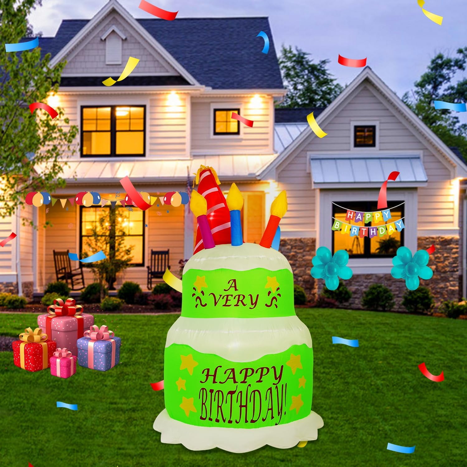 4FT Inflatable Birthday Decoration Inflatable Cake with Built-in LED ...