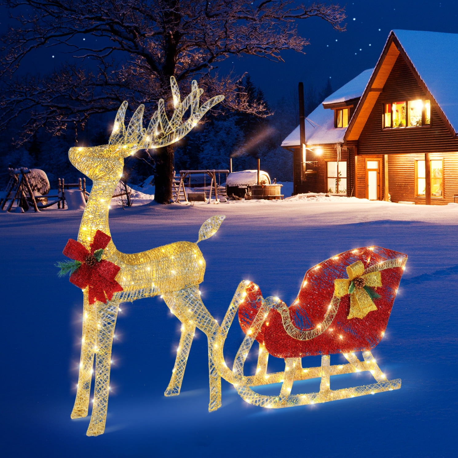 4FT Light-up Outdoor Xmas Holiday Decor Set, Reindeer and Sleigh ...
