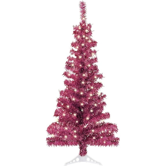 4FT Lighted Artificial Christmas Tree, Small Tinsel Pine Tree with 100 ...