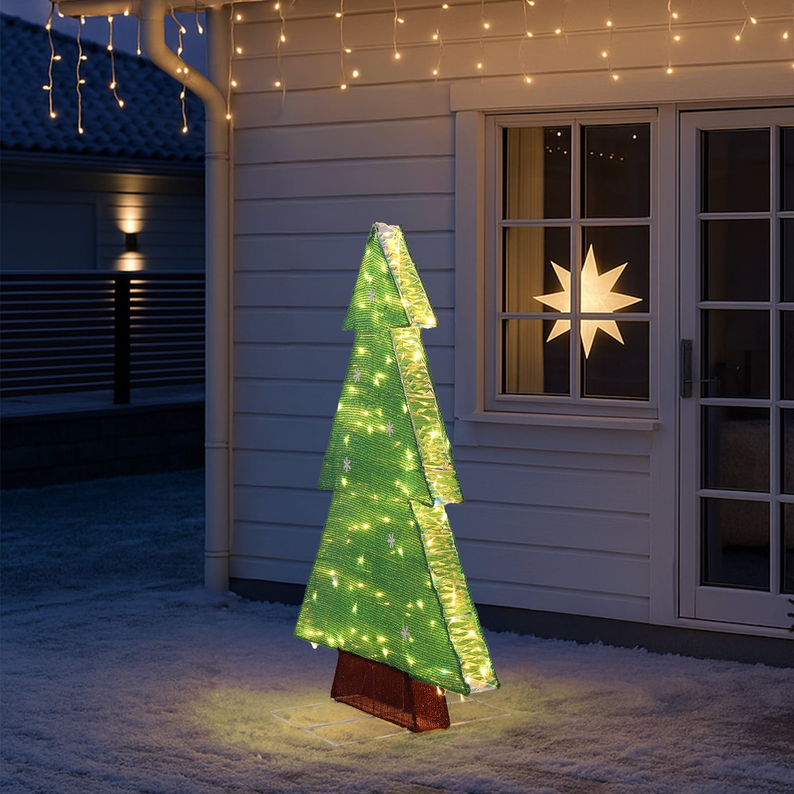 4FT Lighted Christmas Tree, 110 Warm White LEDs, Snowflake & Iridescent ...