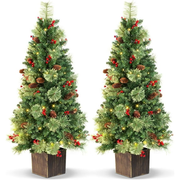 4FT Outdoor Christmas Tree with Lights in Vintage Potted Base, Battery Operated Xmas Tree with ...