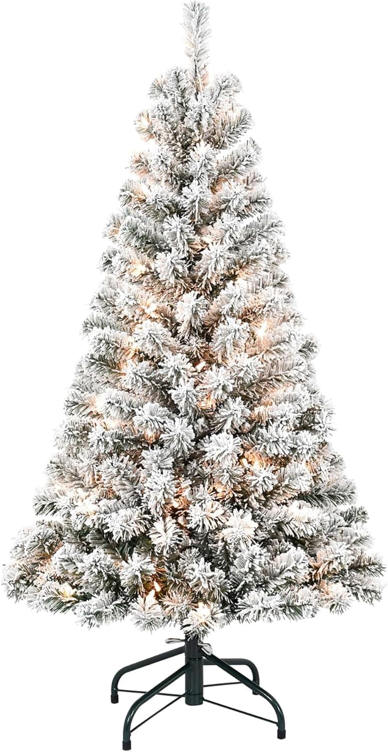 4FT Pre-Lit Flocked Christmas Tree with 100 Warm White Lights, Full ...
