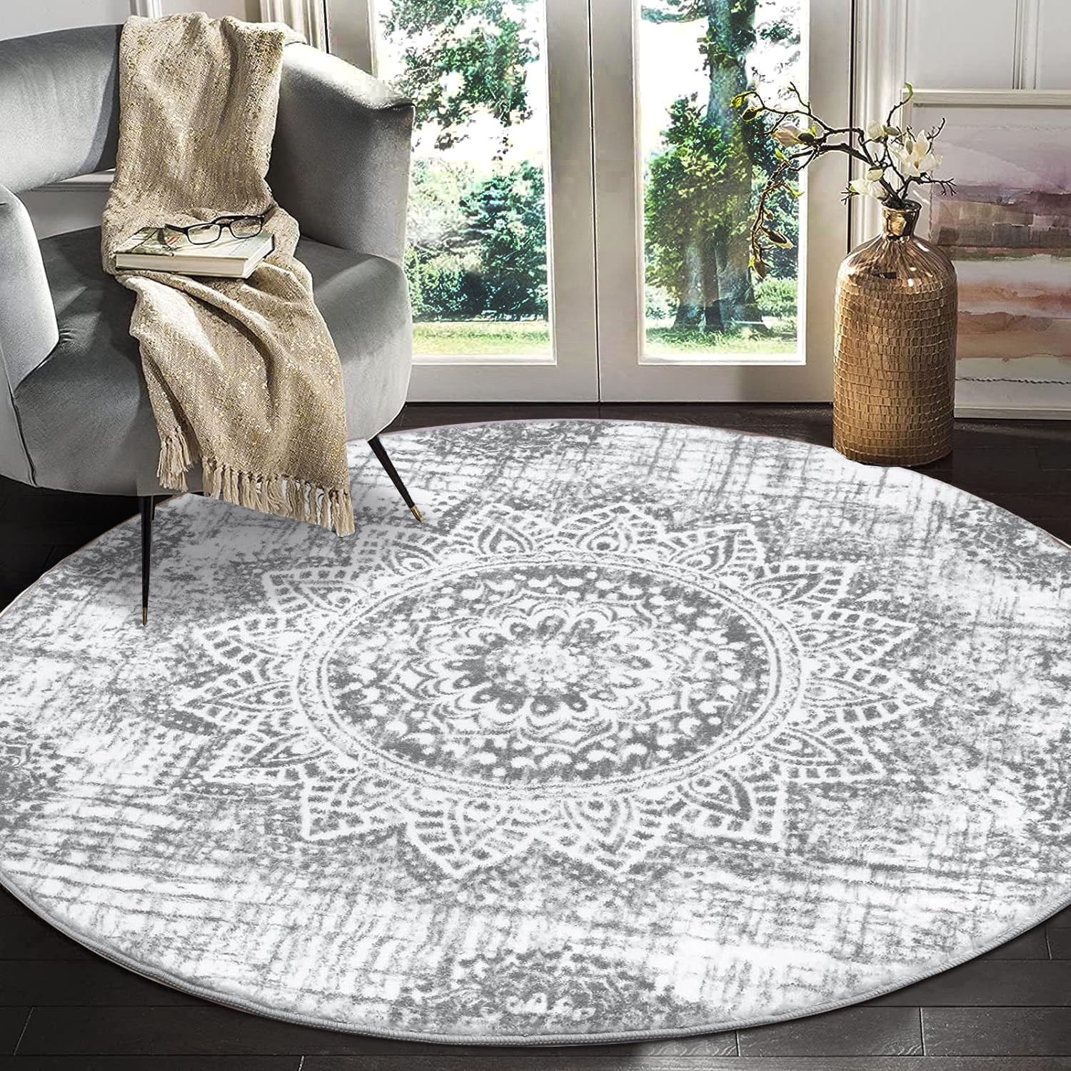 4FT Round Area Rug, Yamaziot Boho Vintage Oriental Circle Carpet ...