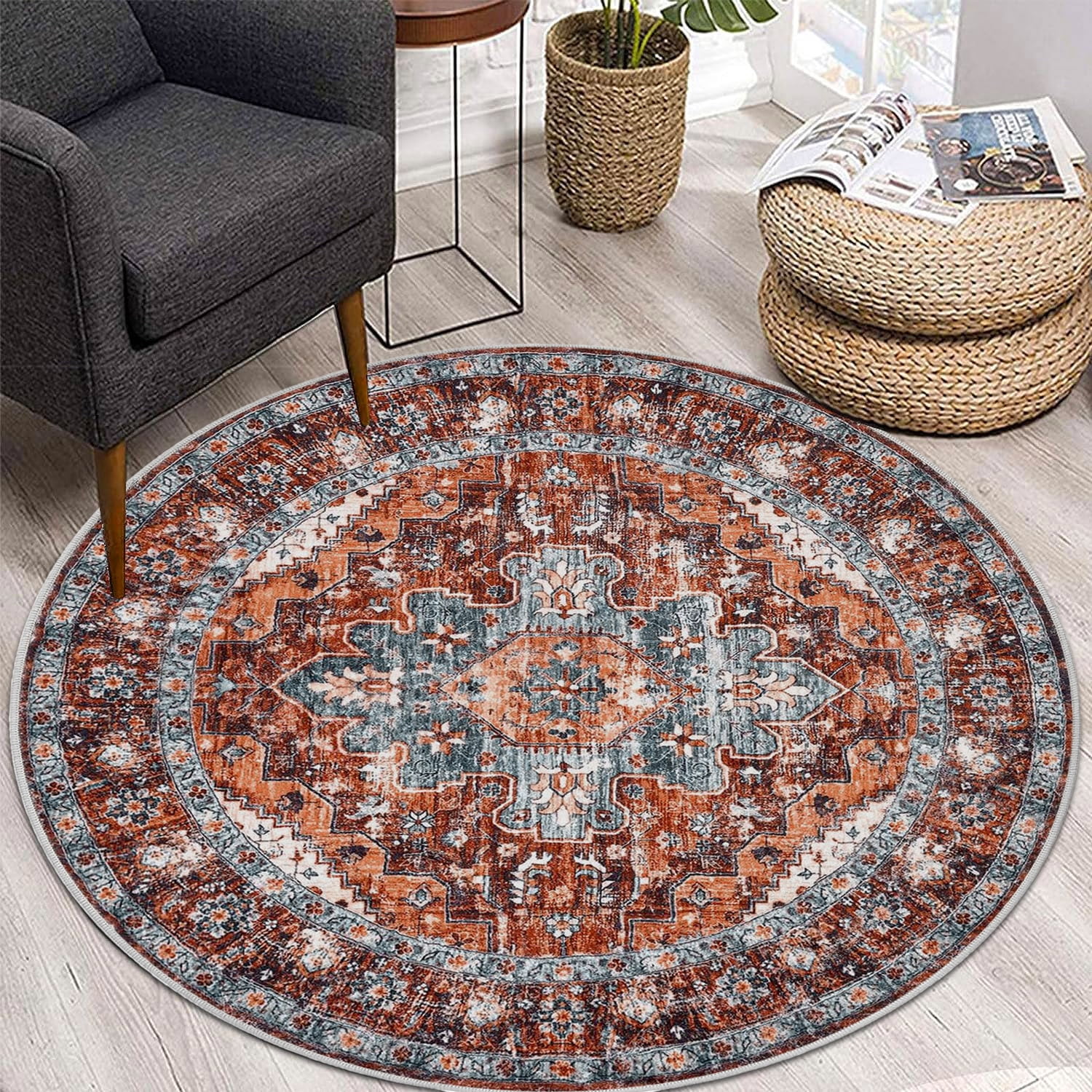 Yamaziot 4FT Round Boho Vintage Oriental Area Rug, Non Slip, Washable ...