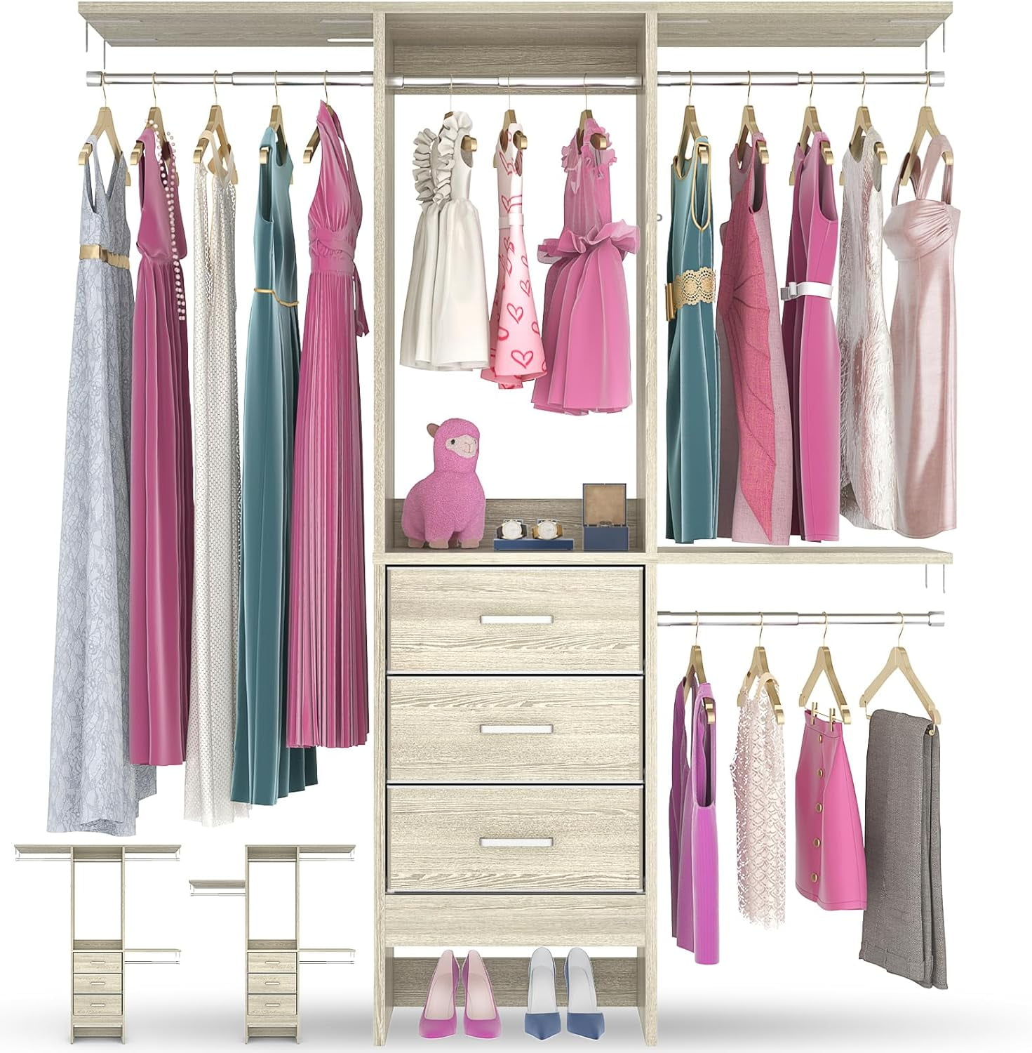 4FT Small Closet System with 3 Fabric Drawers, 48'' Closet Organizer ...