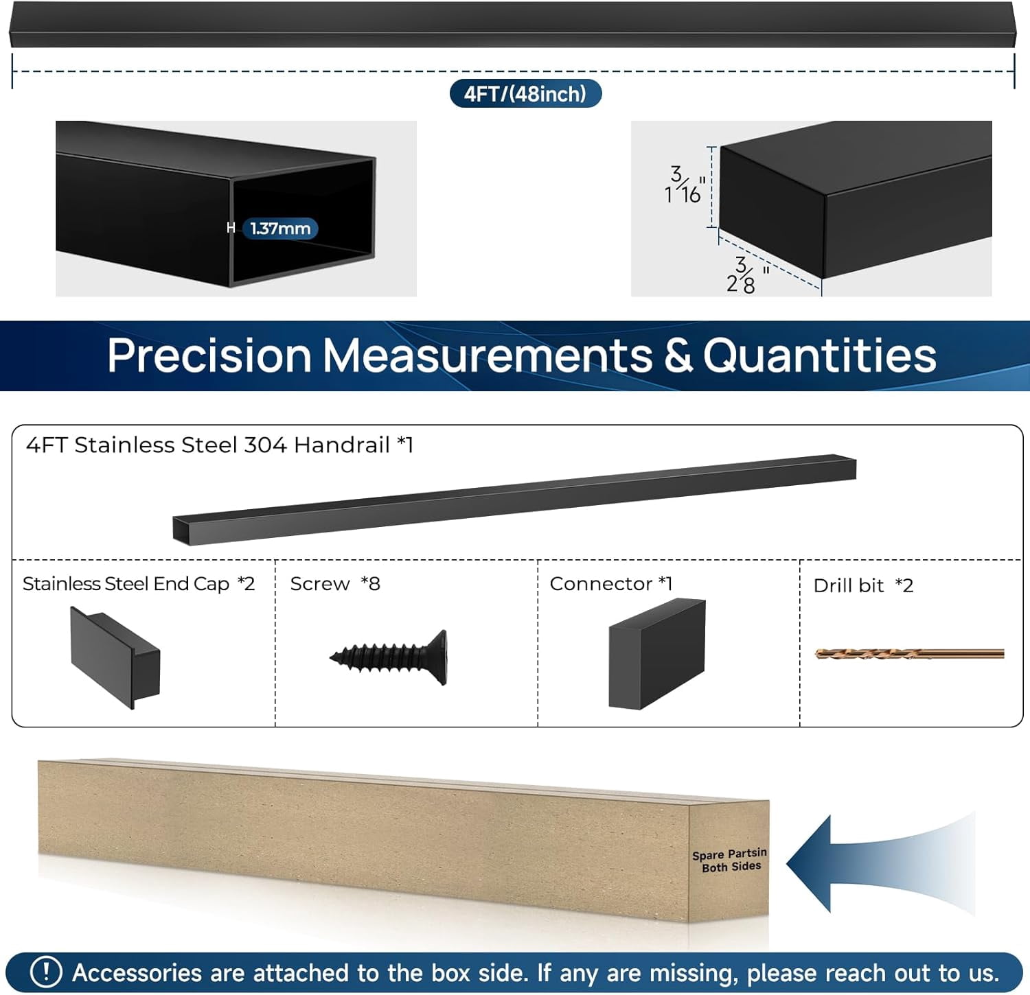 4FT Stainless Steel 304 Handrail Black, Rectangular Handrail Flat Top ...