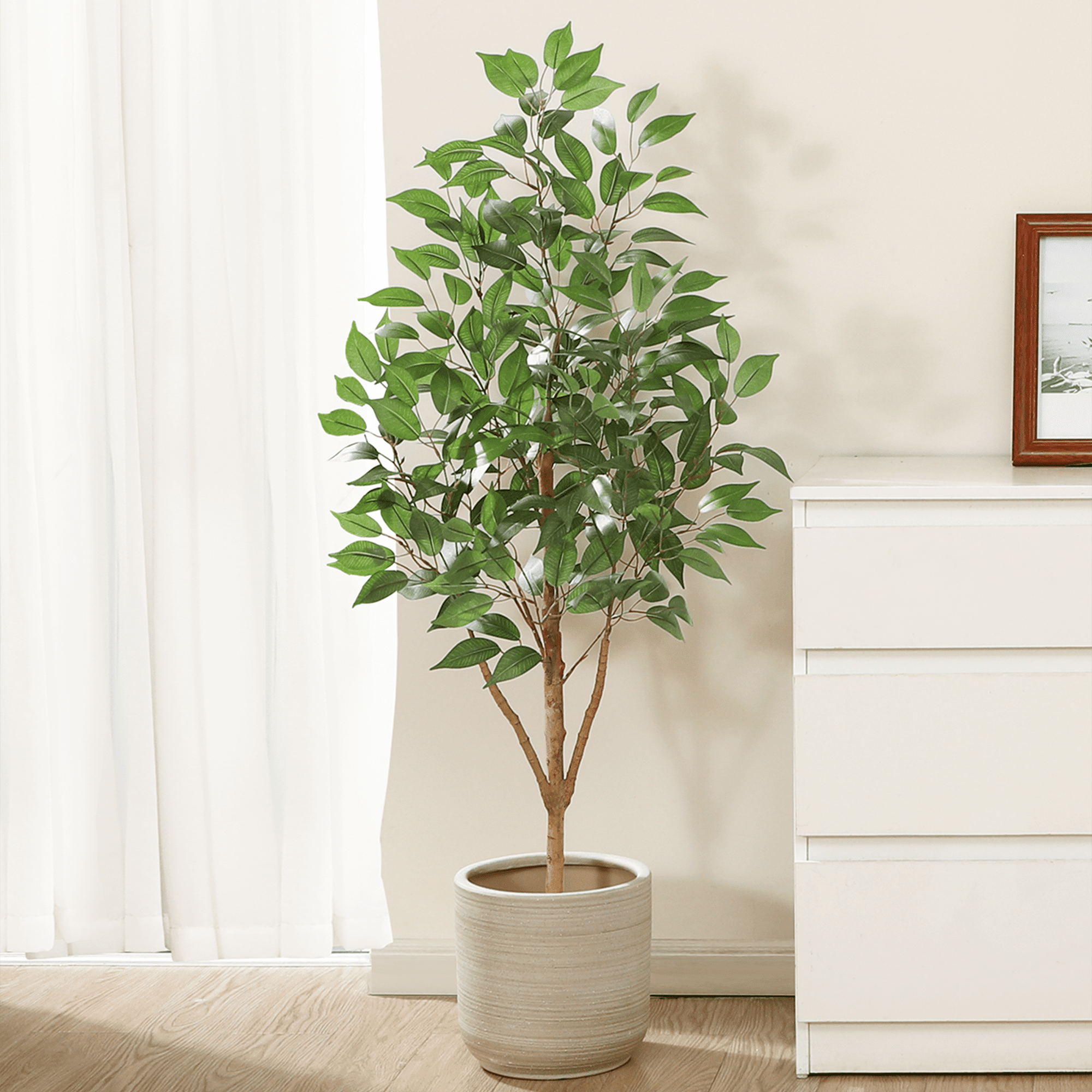 DR. PLANZEN Large 4FT Faux Ficus Tree with Natural Wood Trunk and ...