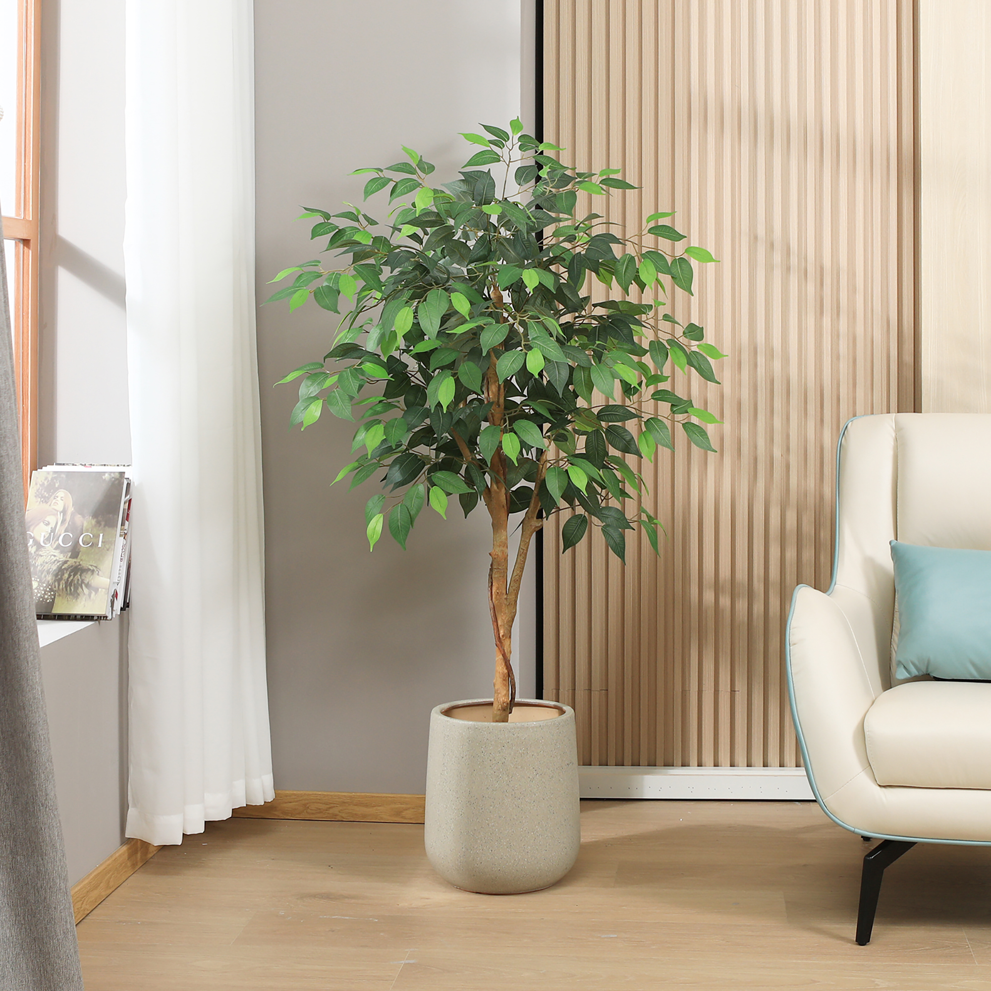 5FT Tall Artificial Ficus Tree with Natural Wood Trunk and Lifelike ...