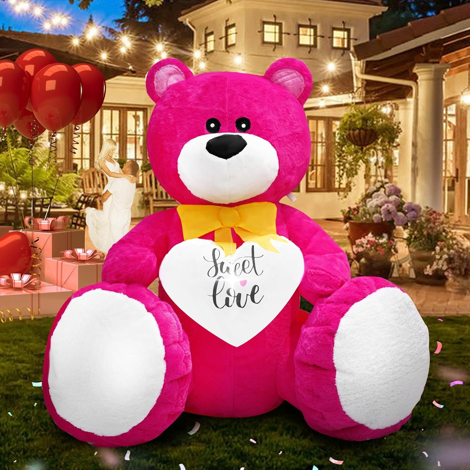 4FT Tall Valentine's Day Inflatables Pink Plush Teddy Bear with Sweet ...