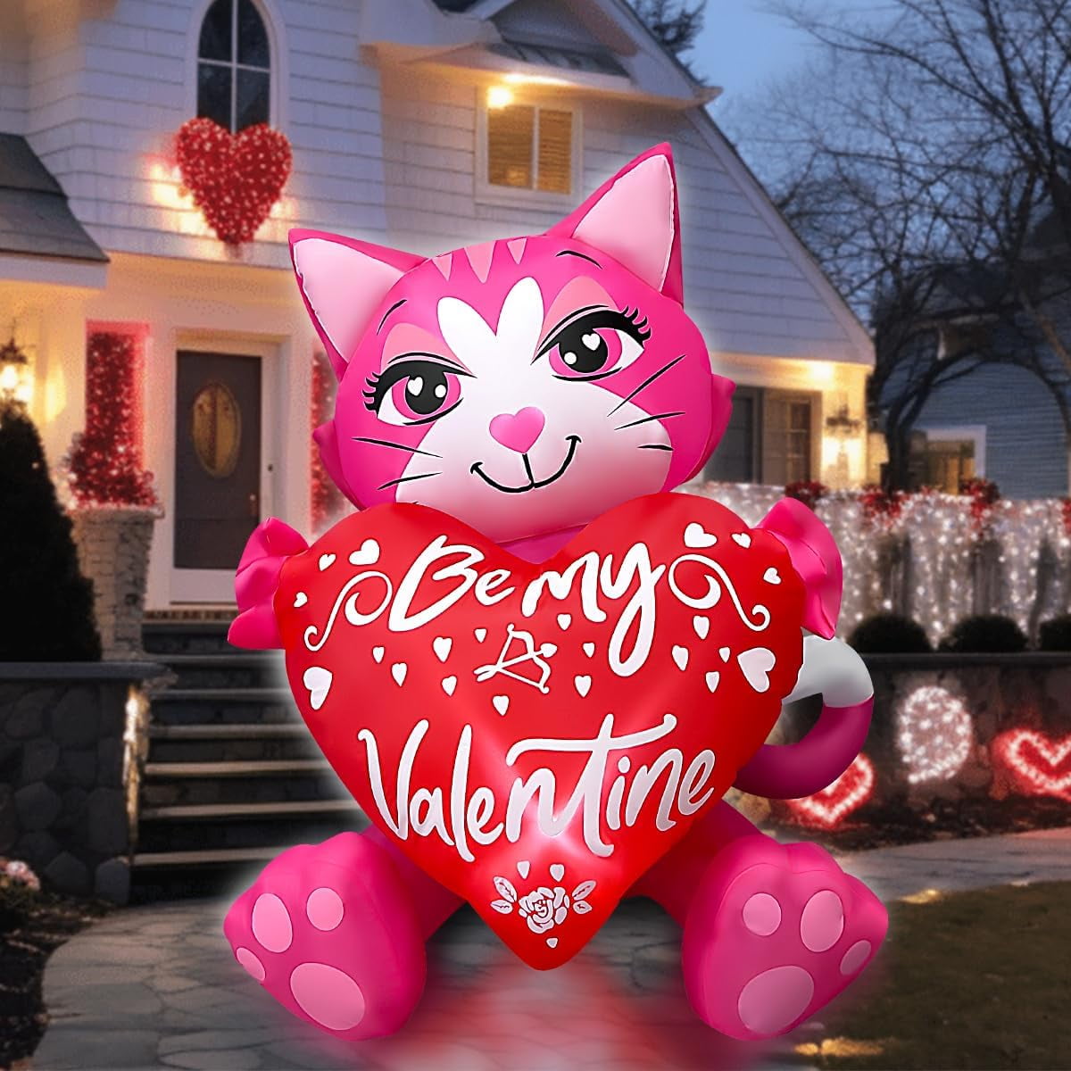4FT Valentine's Day Inflatables Cute Pink Cat with Heart Decorations ...
