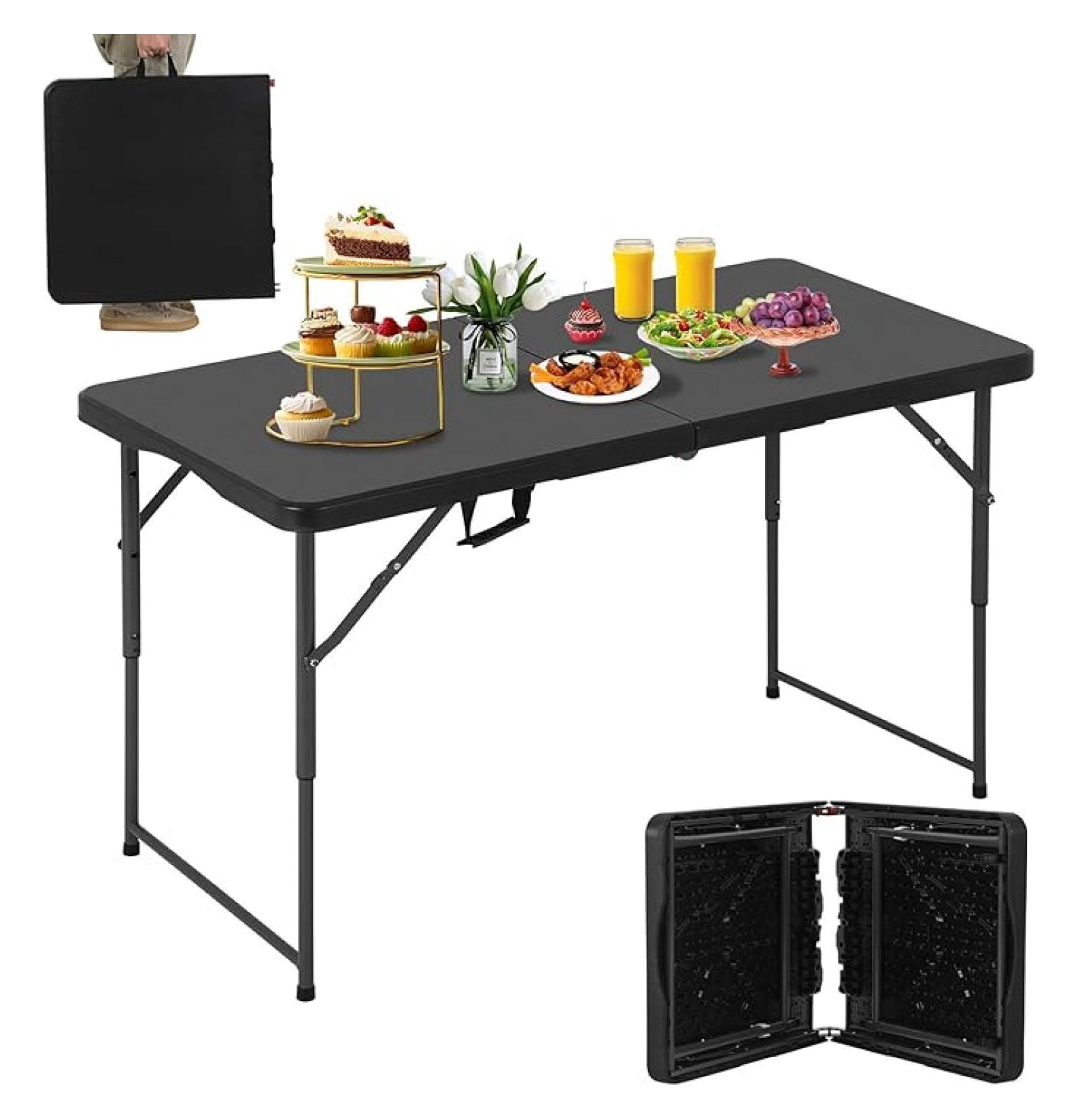 4Ft Foldable Table Adjustable Height with Built-in Handle, 4 Foot Heavy ...