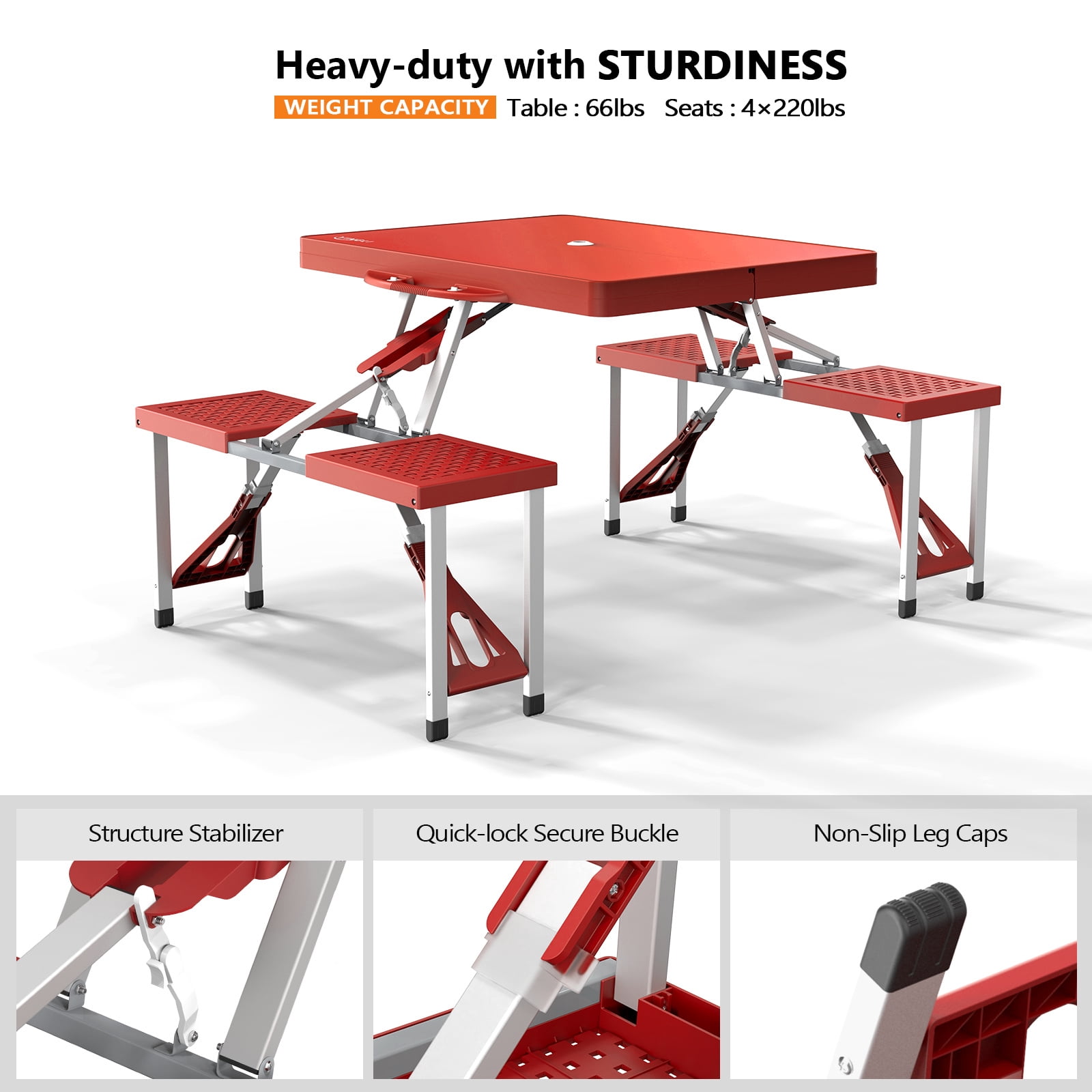 4Ft Folding Camping Table with 4 Seats Umbrella Hole-Lightweight ...