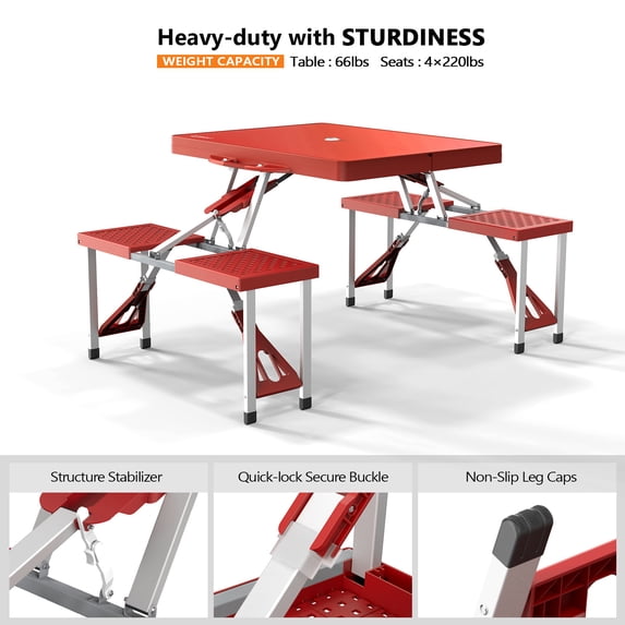 4Ft Folding Camping Table with 4 Seats Umbrella Hole-Lightweight ...