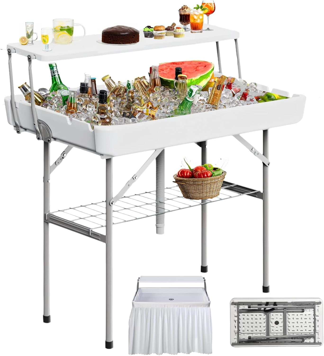 4Ft Folding Ice Cooler Table with Drain, Two-Tier Ice Bin Table with ...
