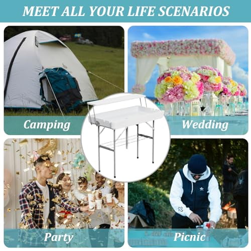 4Ft Folding Ice Cooler Table with Drain, Two-Tier Ice Bin Table with ...