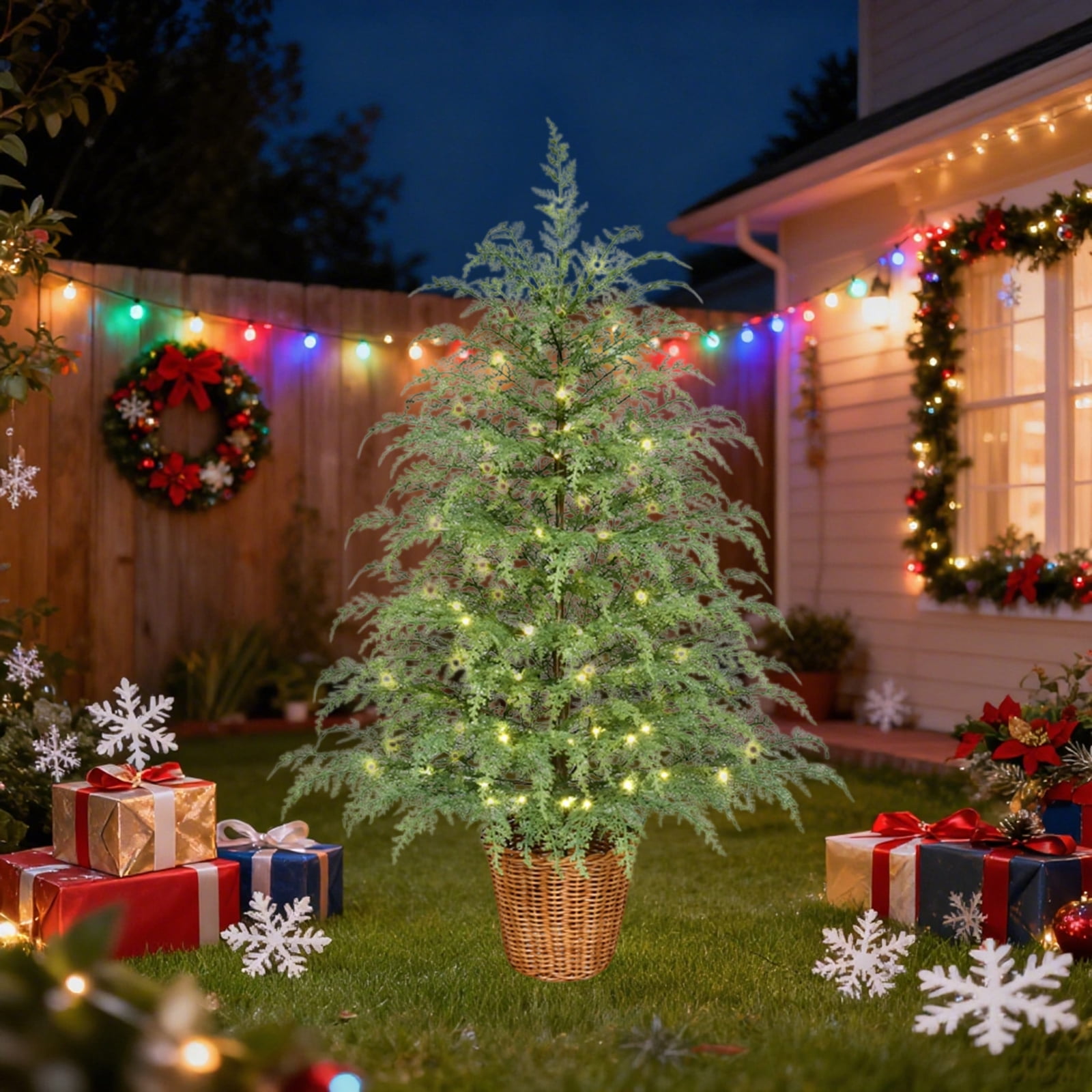 4Ft Pre-Lit Green Artificial Christmas Tree In A Pot With 100 Warm ...