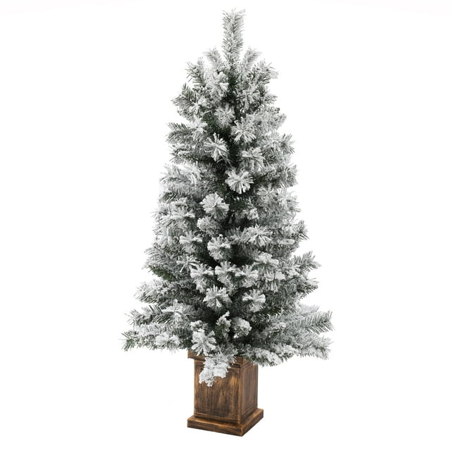 LuxenHome 4Ft Outdoor Patio Pre-Lit LED Artificial Flocked Fir Christmas Tree with Timer and ...