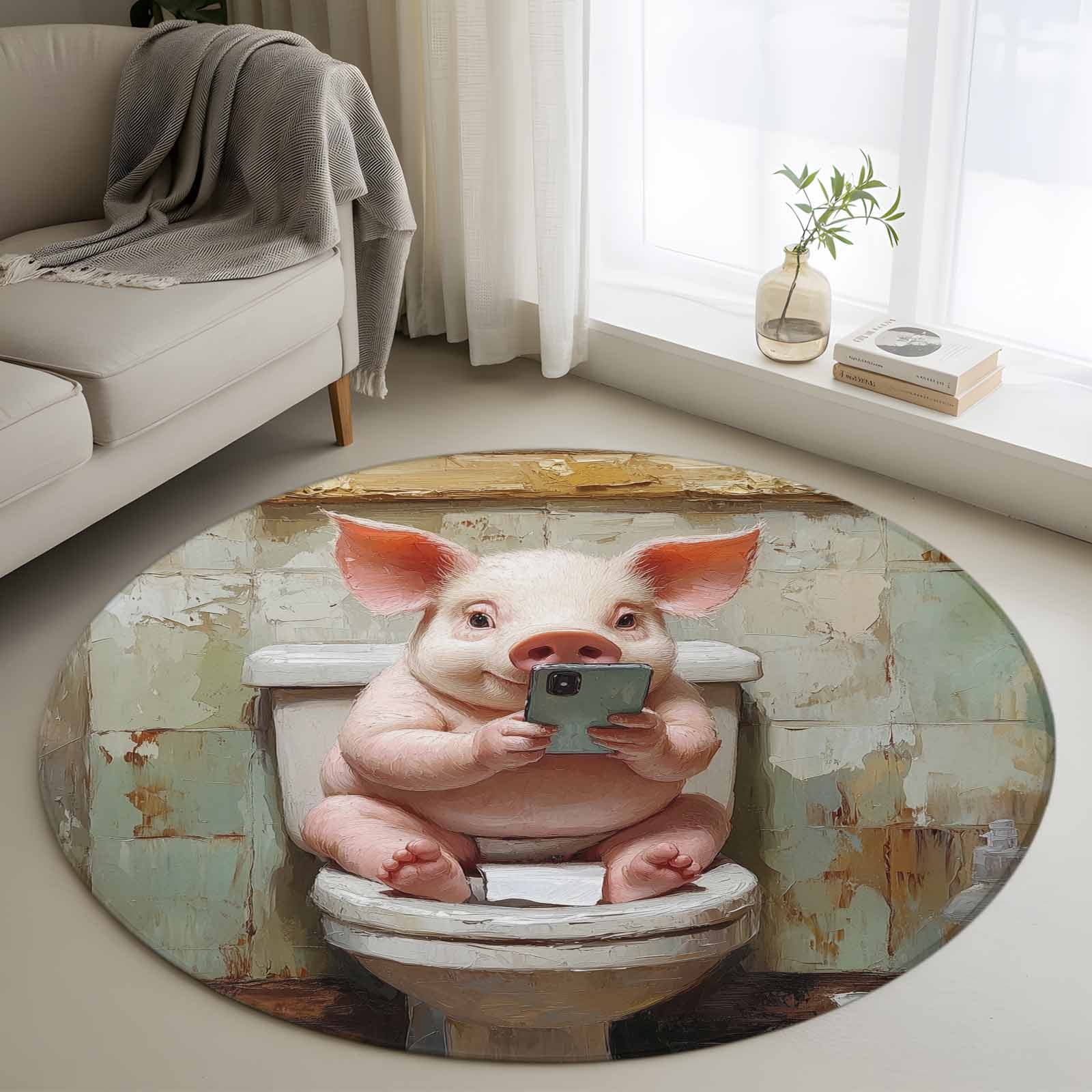 4Ft Round Rug, Bathroom Pig Non-Skid Rubber Backing Large Area Rugs ...