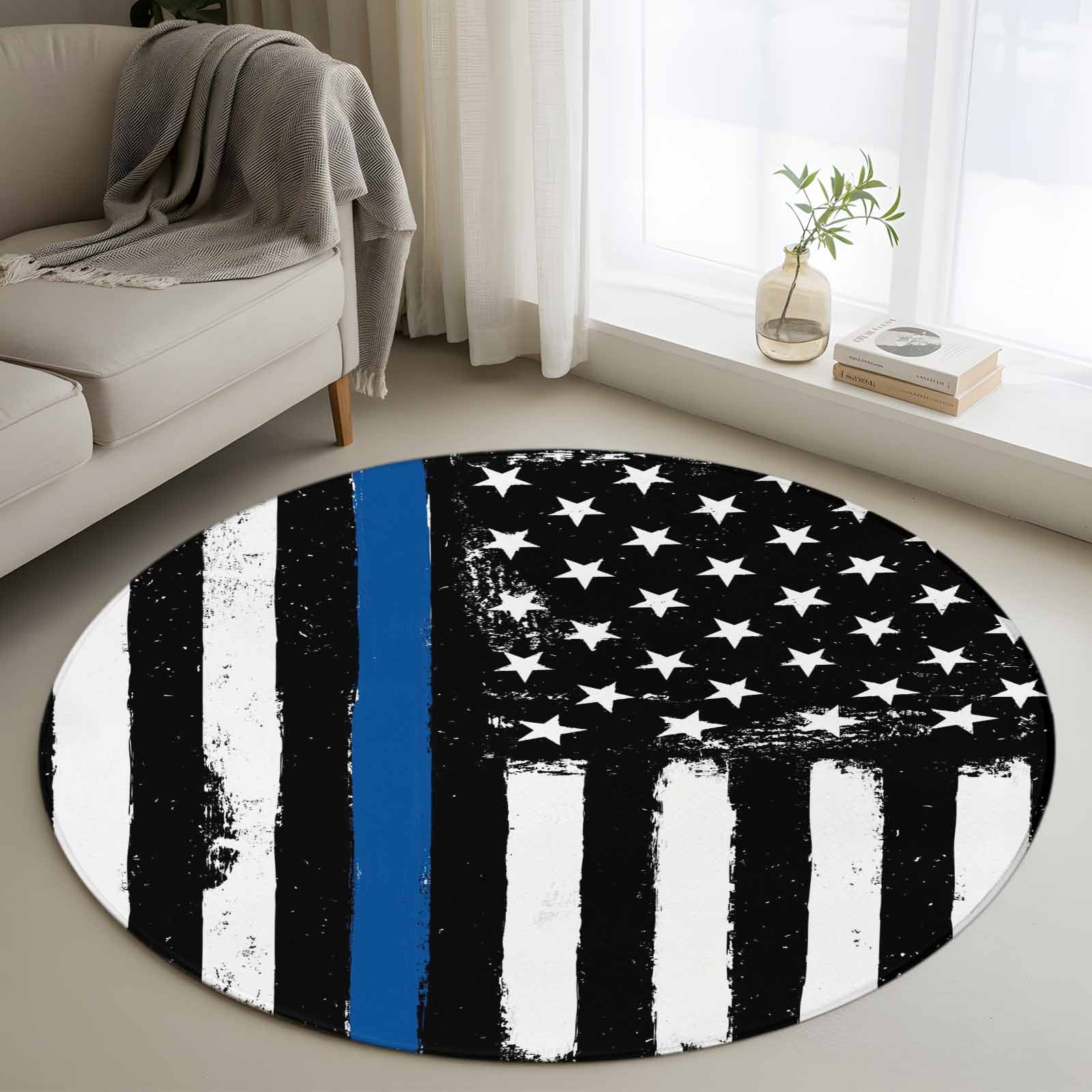 4Ft Round Rug, Blue American Flag Non-Skid Rubber Backing Large Area ...