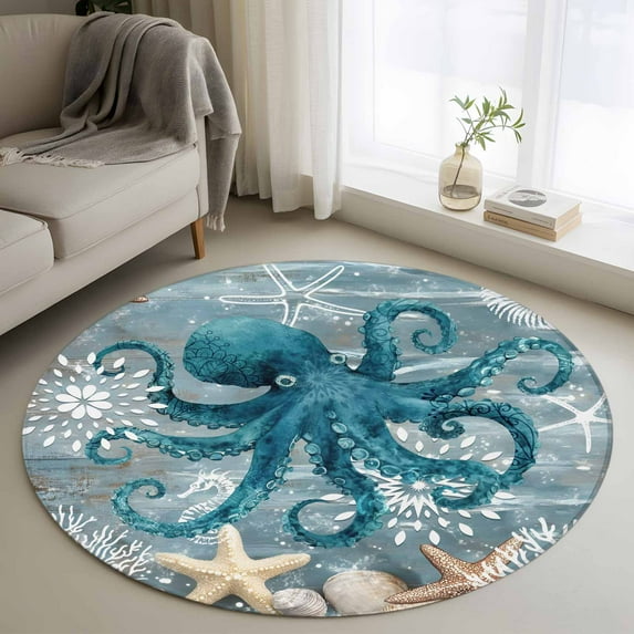 4Ft Round Rug, Blue Octopus Coastal Non-Skid Rubber Backing Large Area ...