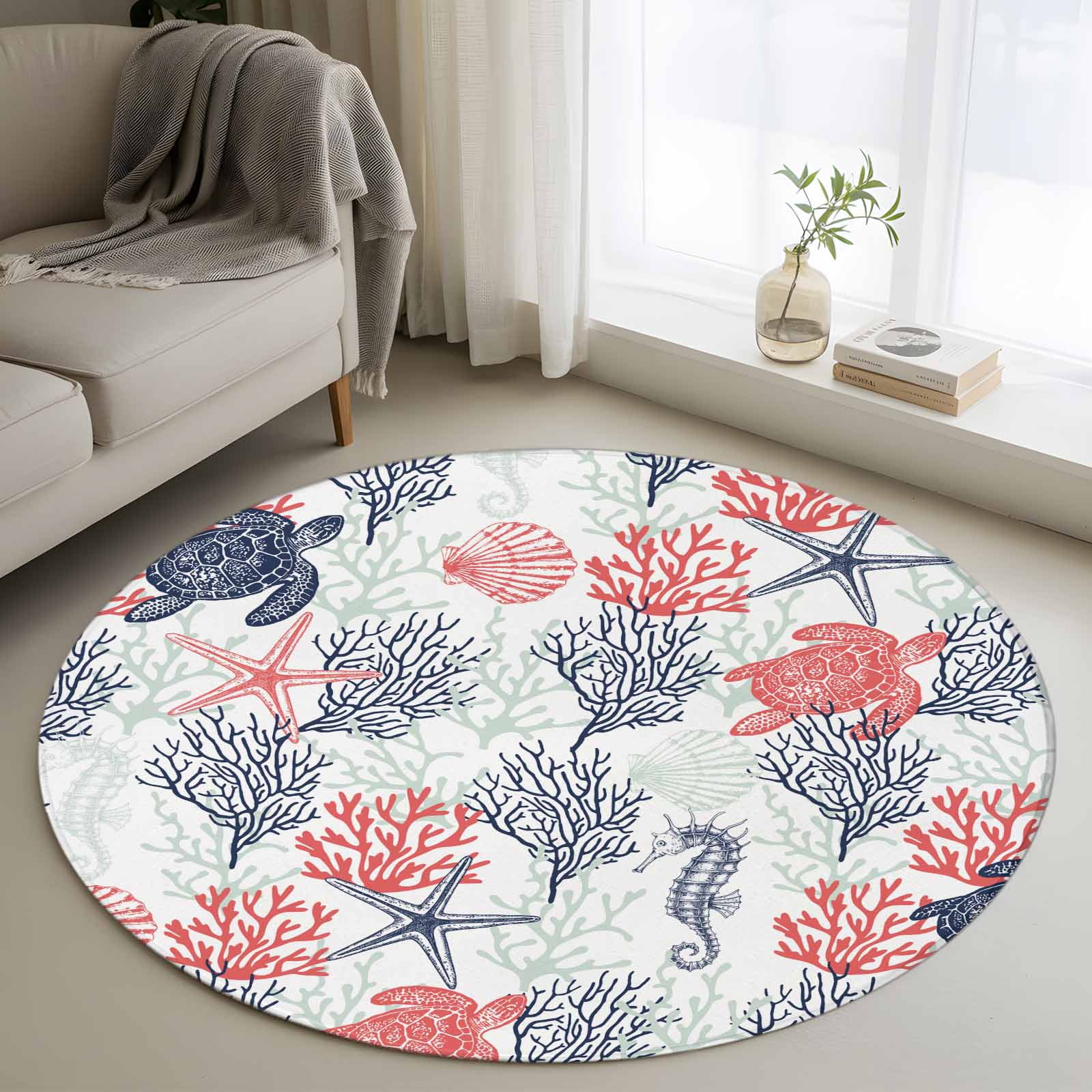 4Ft Round Rug, Blue Red Coastal Non-Skid Rubber Backing Large Area Rugs ...