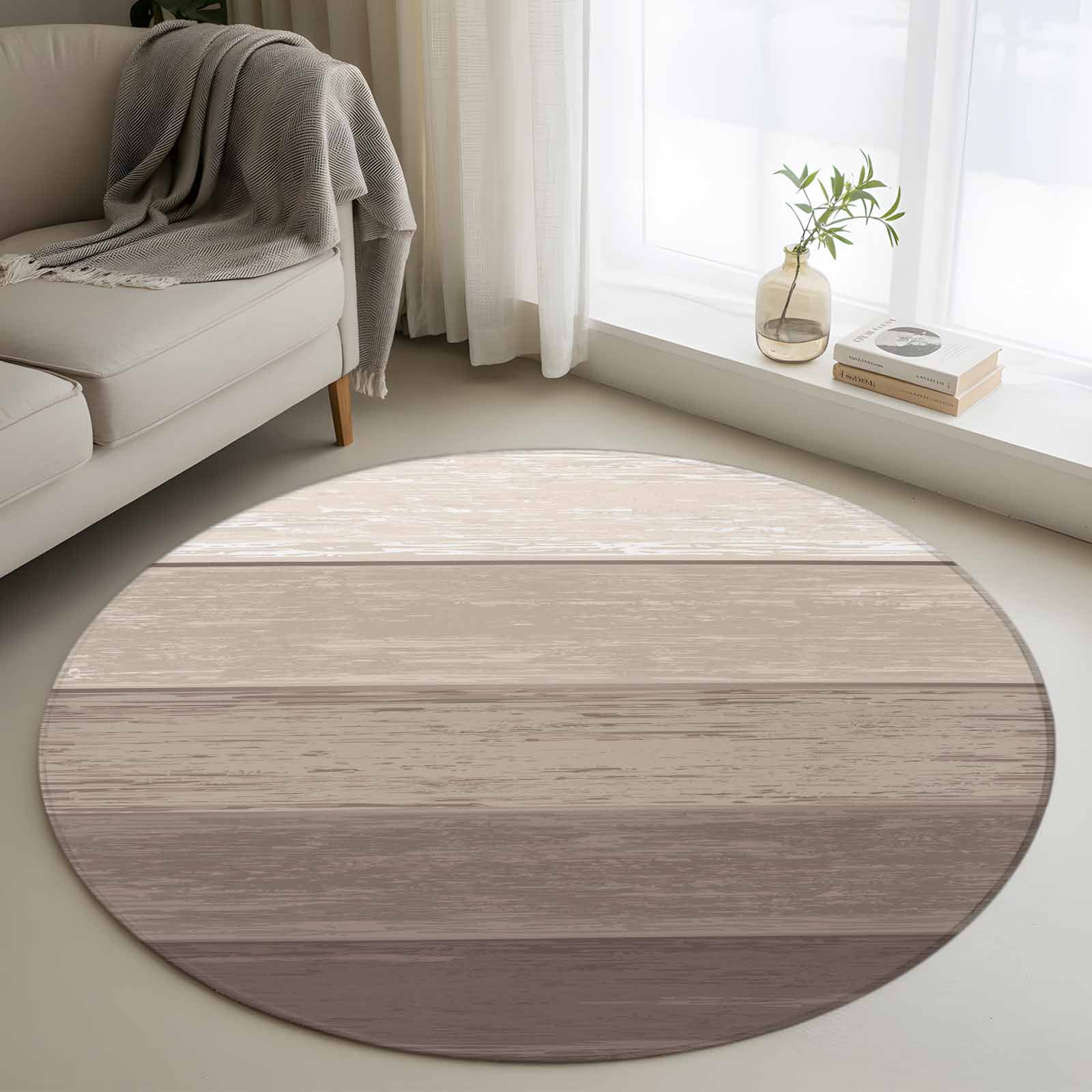 4Ft Round Rug, Brown Beige Ombre Non-Skid Rubber Backing Large Area ...