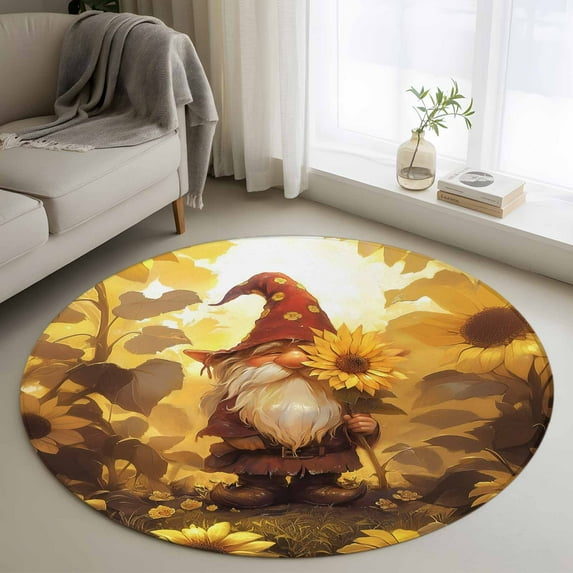 4Ft Round Rug, Fall Sunflowers Gnomes Non-Skid Rubber Backing Large ...