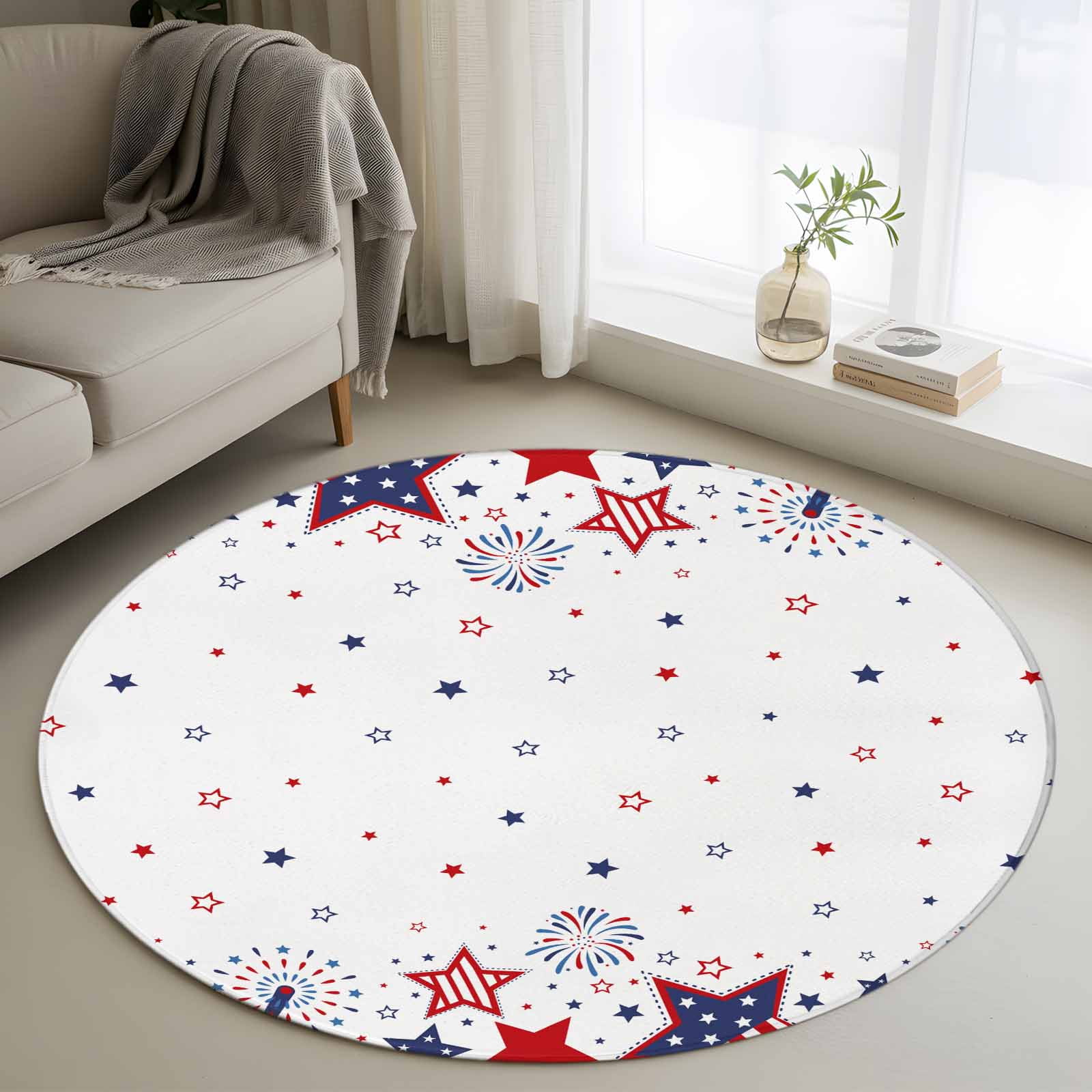 4Ft Round Rug, Red Blue Star 4th of July Non-Skid Rubber Backing Large ...