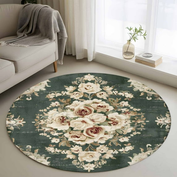 4Ft Round Rug, Retro Flower Boho Non-Skid Rubber Backing Large Area ...