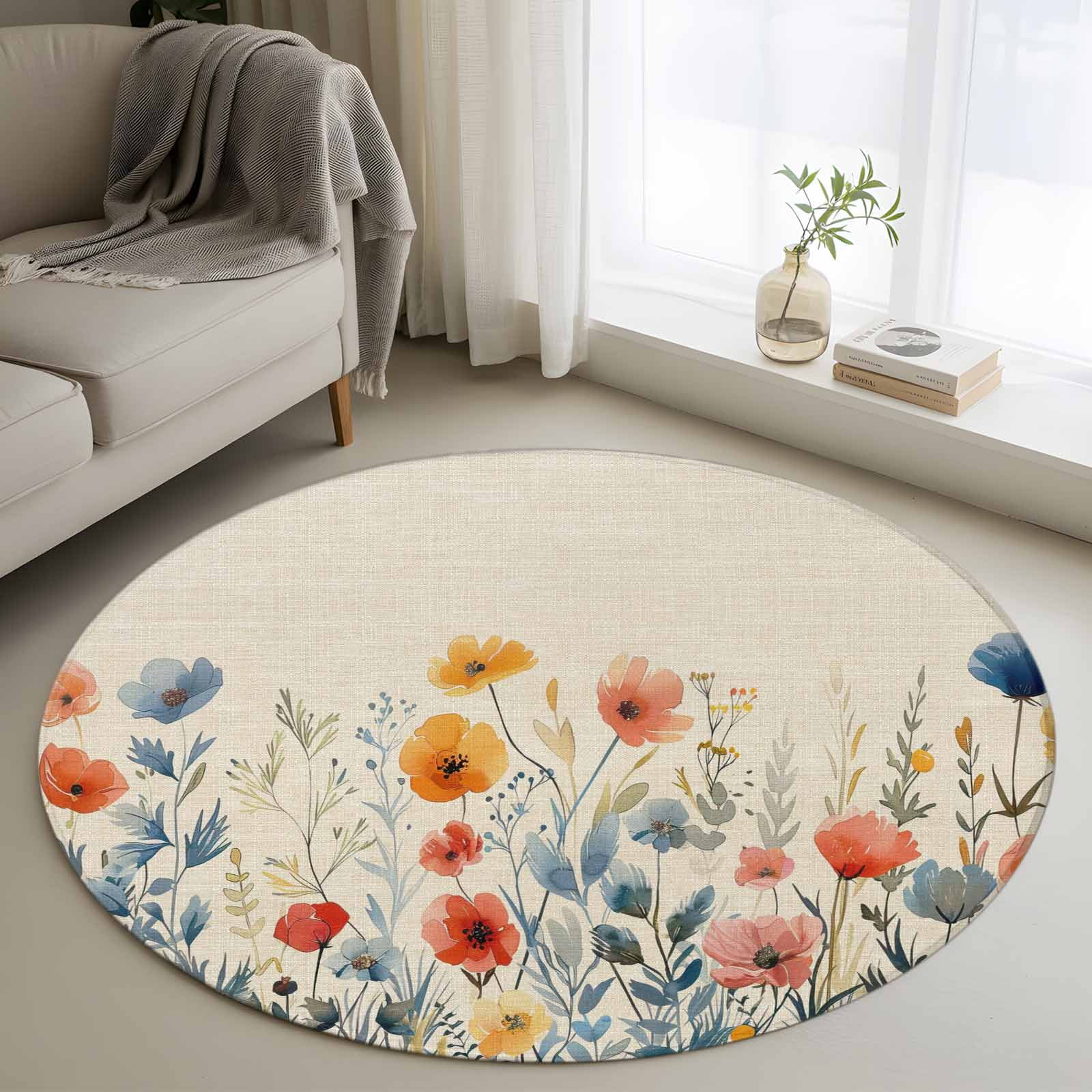 4Ft Round Rug, Spring Floral Non-Skid Rubber Backing Large Area Rugs ...