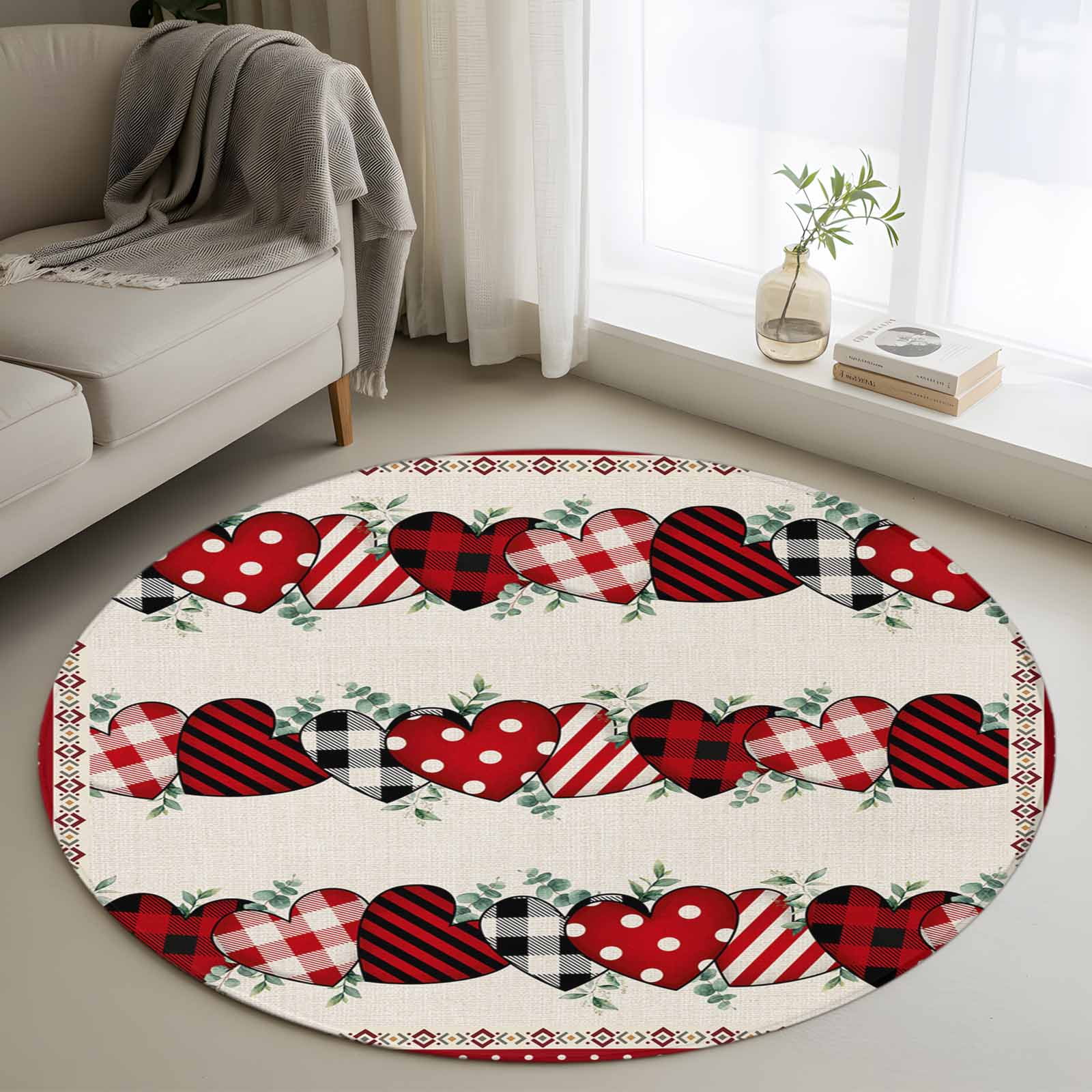 4Ft Round Rug, Valentine's Day, Non-Skid Rubber Backing Large Area Rugs ...