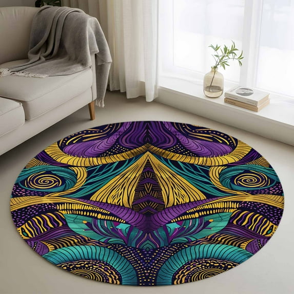 4Ft Round Rug, Yellow Purple Green Non-Skid Rubber Backing Large Area ...