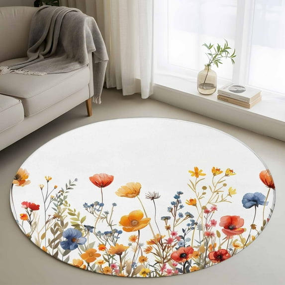 4Ft Round Rug, Yellow Red Blue Spring Floral Non-Skid Rubber Backing ...