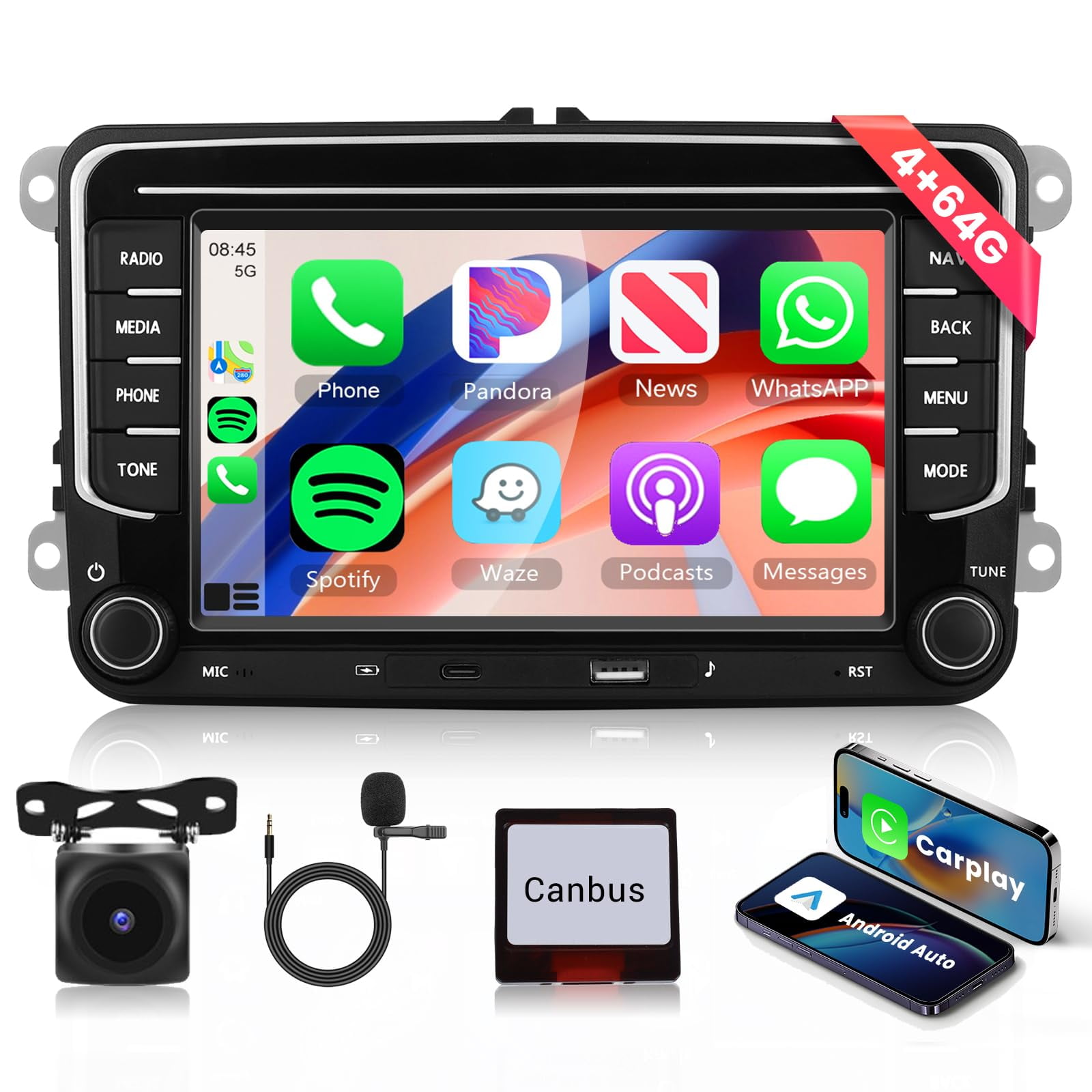 4G+64G Android 13 Car Stereo for VW SEAT Skoda Jetta Golf Polo Wireless ...