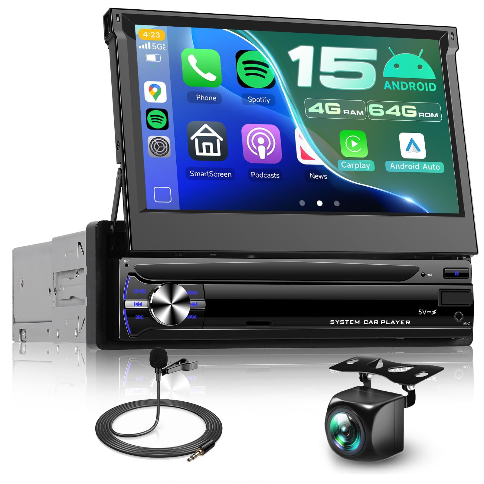 [4G+64G] Android 15 Single Din Flip Out Car Stereo with Wireless ...