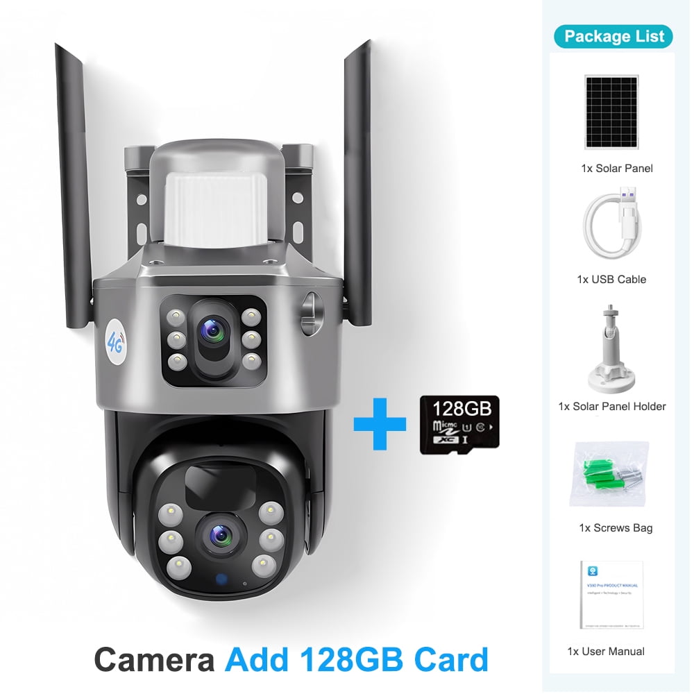 4G Sim Card Solar Camera Dual Lens Outdoor 8MP 4K Low Power Battery IP ...