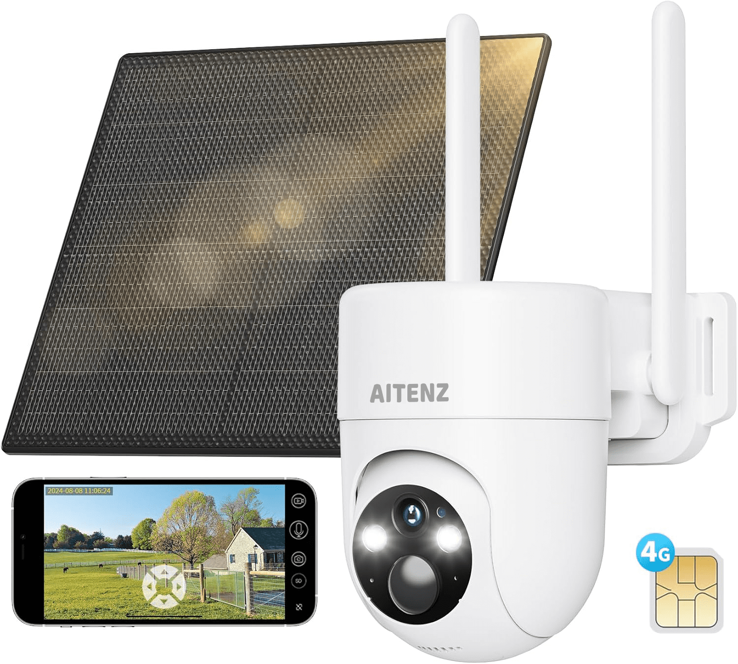 AITENZ 4G Solar Outdoor Security Camera, 2K HD Pan-Tilt Camera with SIM ...