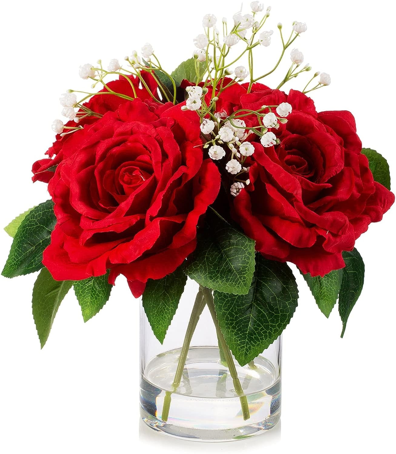 4Heads Large Silk Rose Artificial Flowers In Vase, Red Fake Rose Fake ...