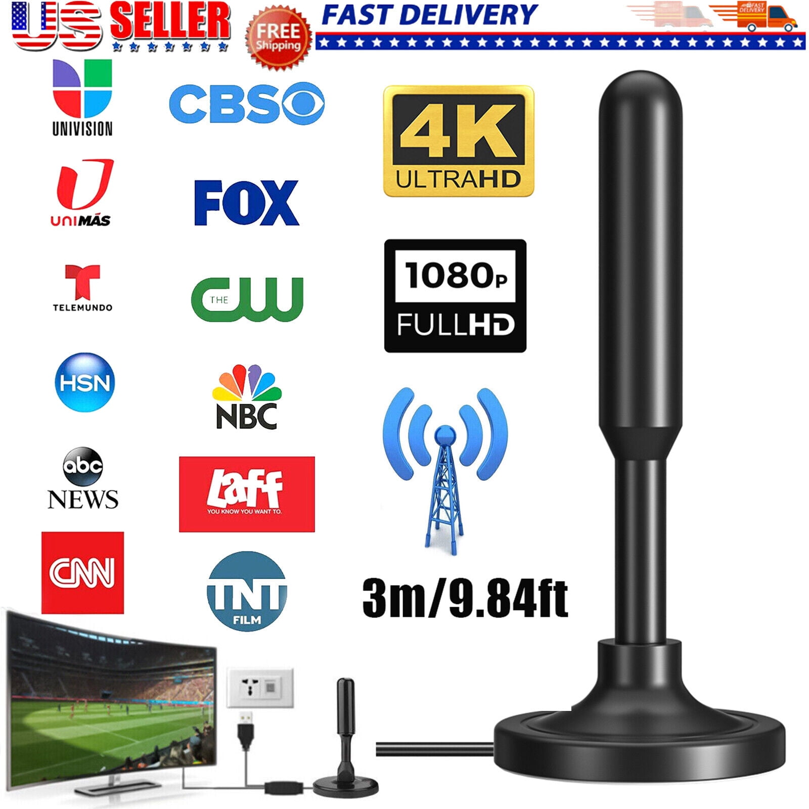4K 1080P Indoor Digital TV Antenna Amplifier 200 Miles Range HD Signal ...