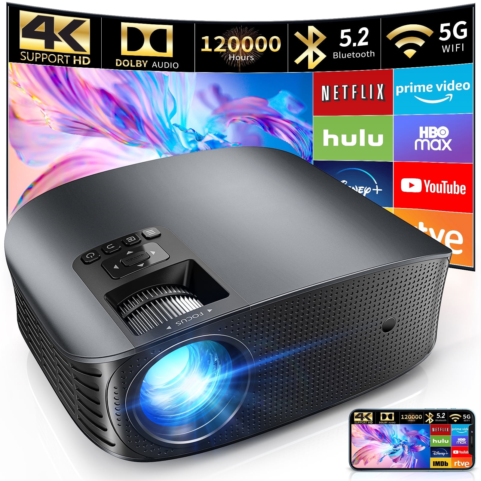 Elephas Professional 4K Mini Projector with WiFi, Bluetooth, Dolby ...