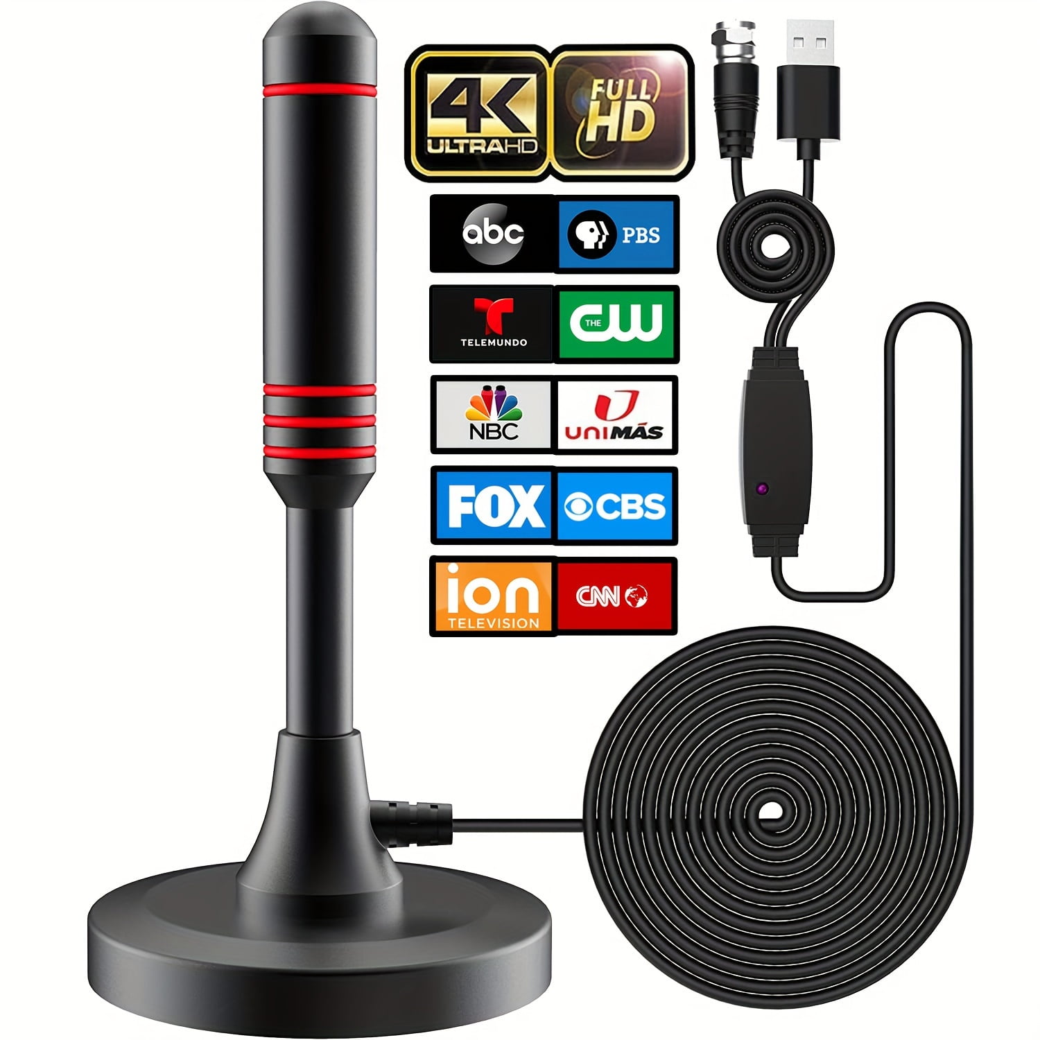 4K 1080P Smart TV Antenna with Magnetic Base, 360° Reception, 300+ Mile ...