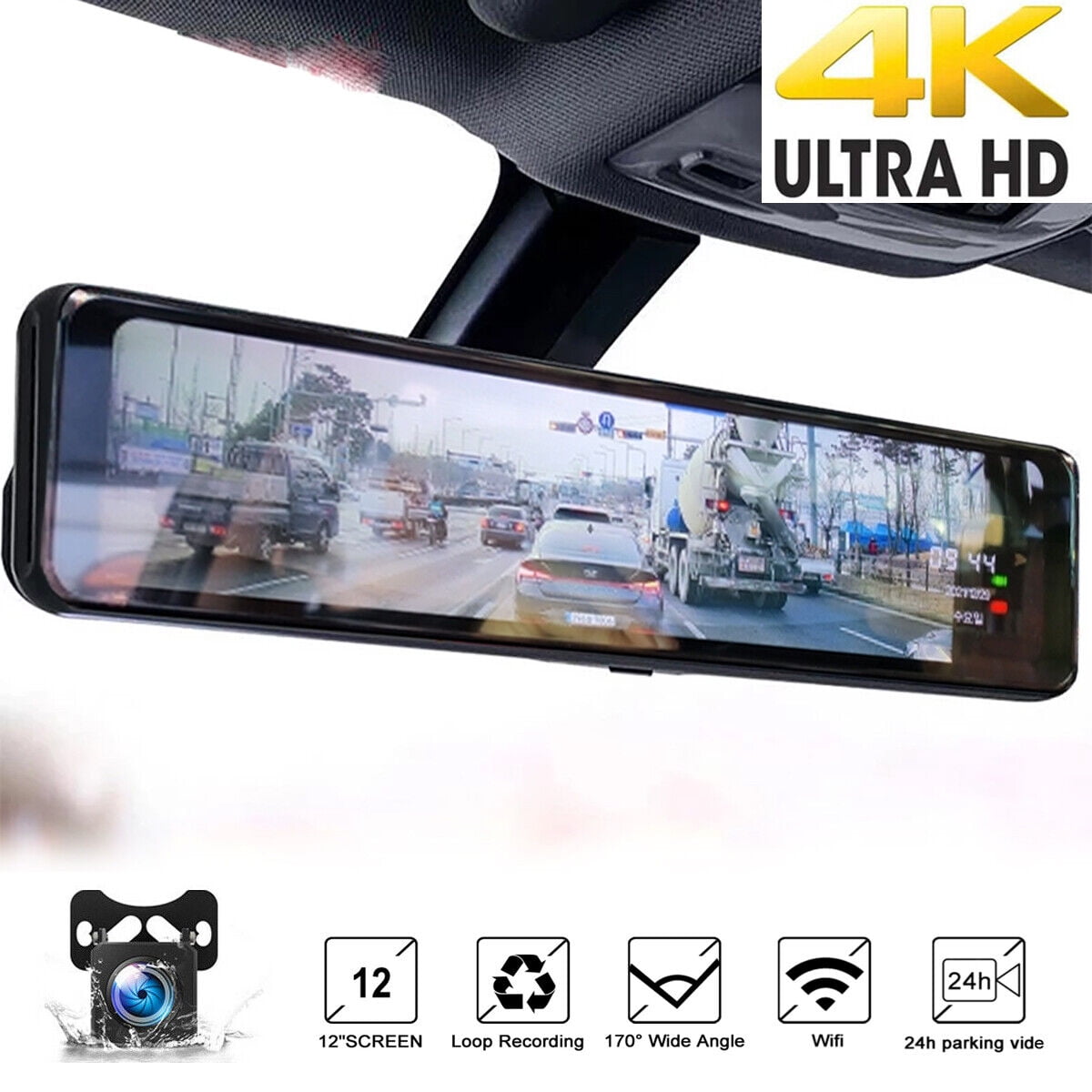 4K 12" Car Dual Dash Cam, Dual Camera Front and Rear Backup Camera ...