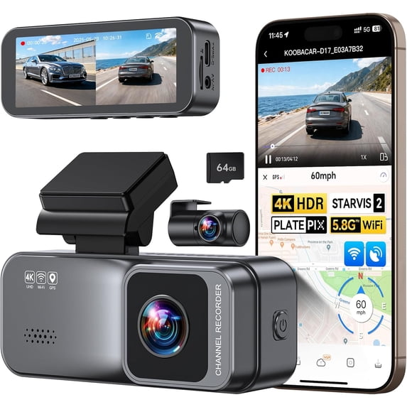 4K/2.5K Dash Cam Front and Rear, Dual Dash Camera for , Included 64GB ...