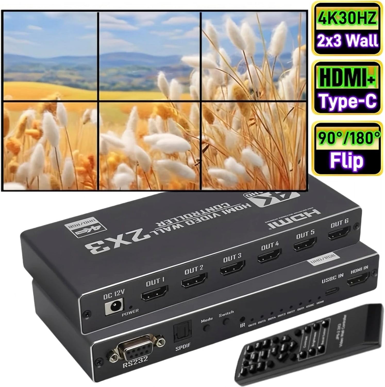 Video Wall Controller 4K 2x3 HDMI USB-C 9 Splicing Modes 180 Degree ...