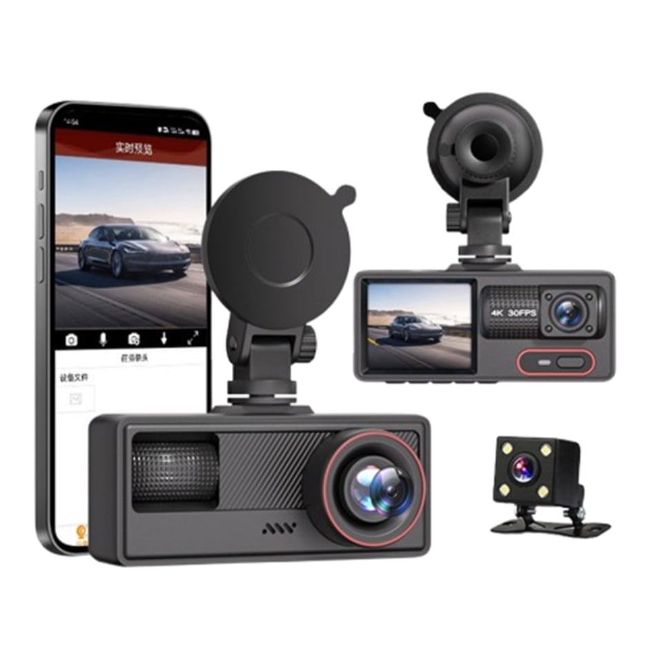 4K 3 Channel Dash Cam, Front, Rear & Inside Car Camera, 64GB Memory ...