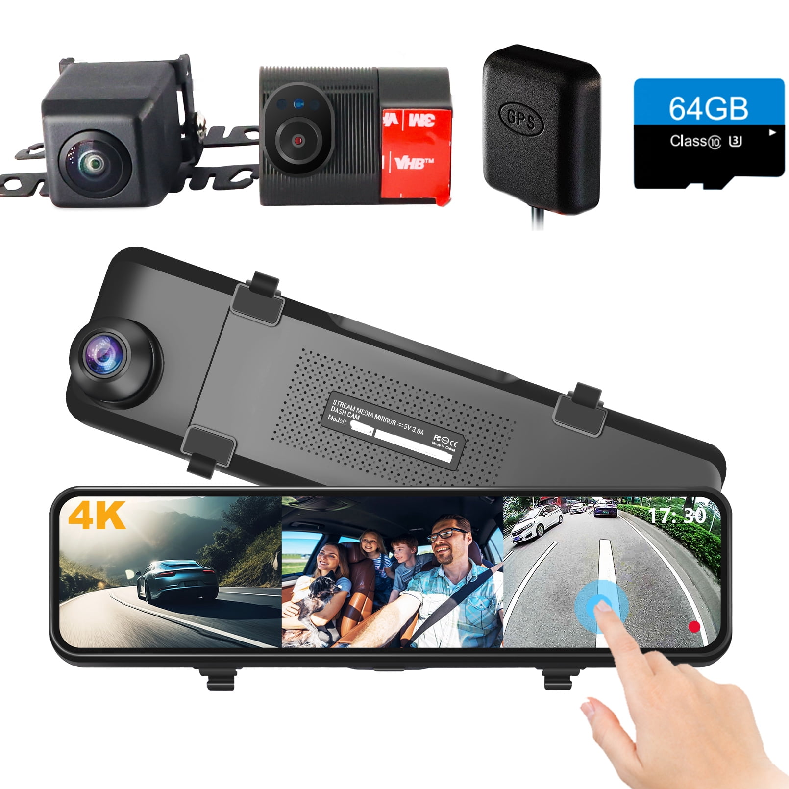 4K 3 Channel Mirror Dash Cam, 11" Triple Rear View Mirror Dash Camera ...
