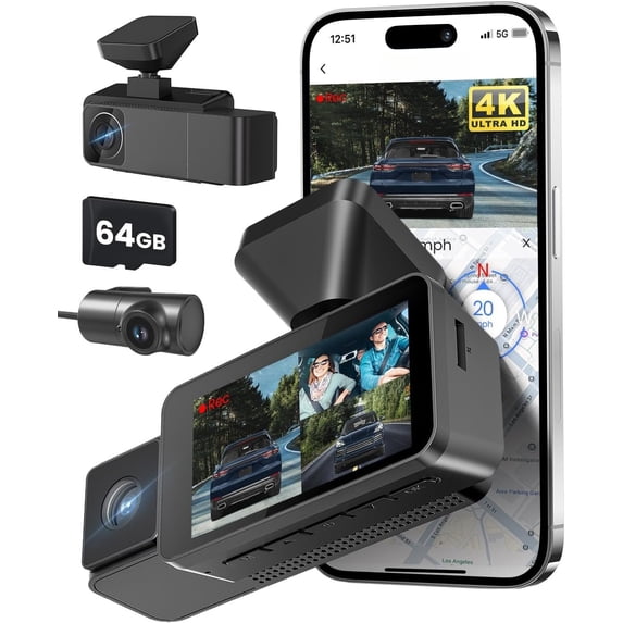 4K 3 Dash Cam, 2160P+1080P+1080P Front and Rear Inside Camera with 64GB ...